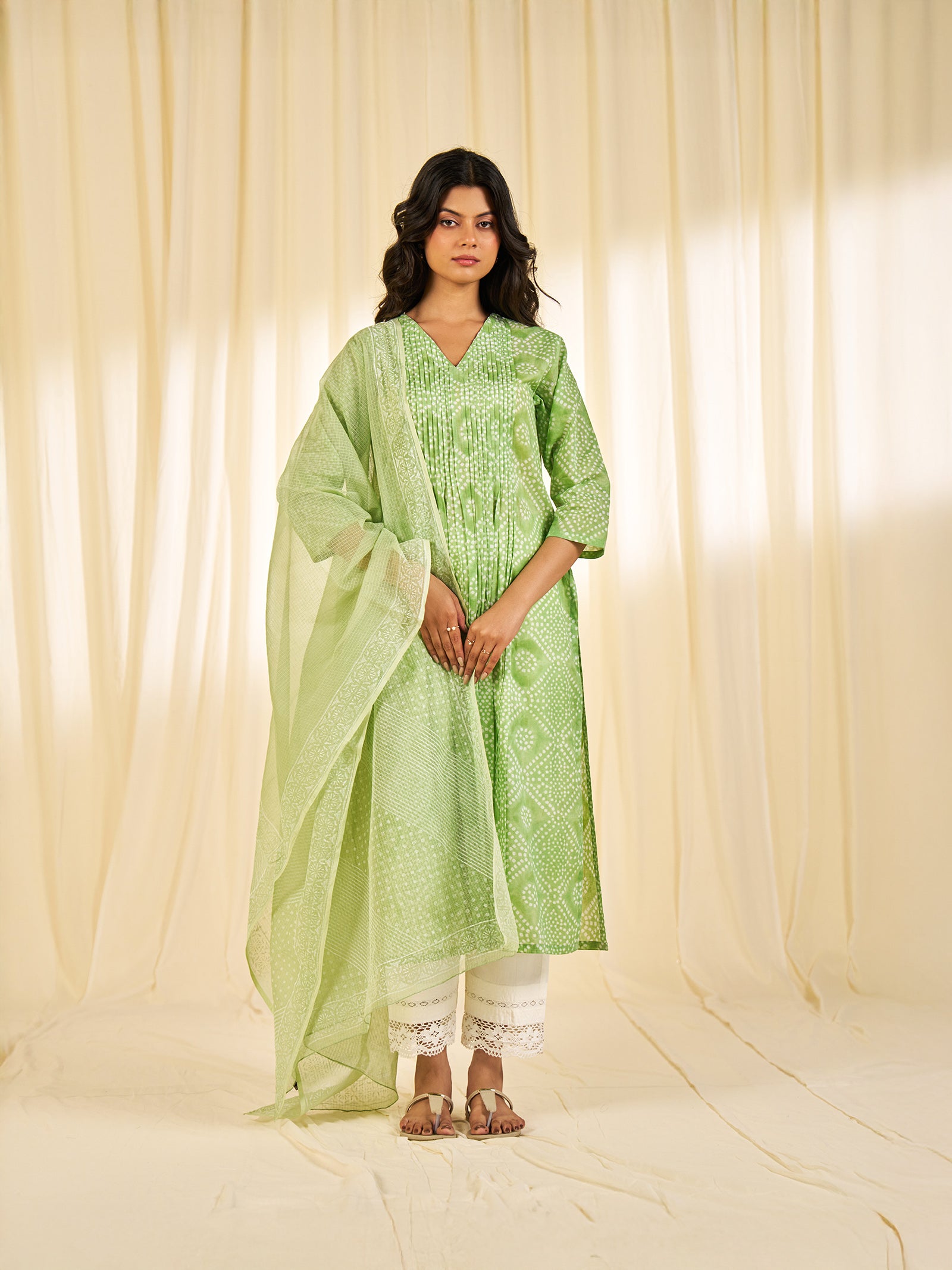 Block Bandhej Green Cotton Kurta