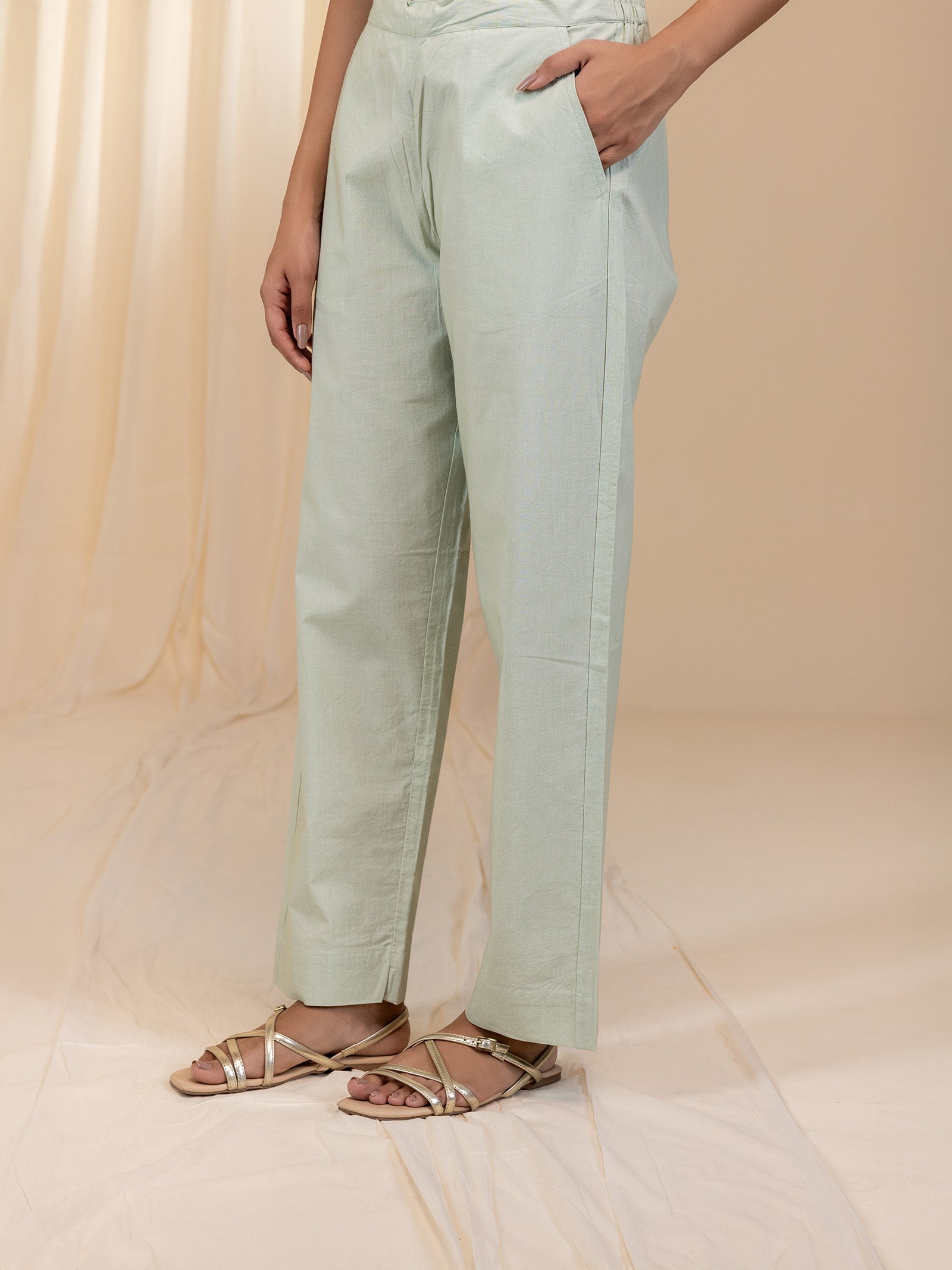 Pale Pastel Mint Cotton Straight Pants